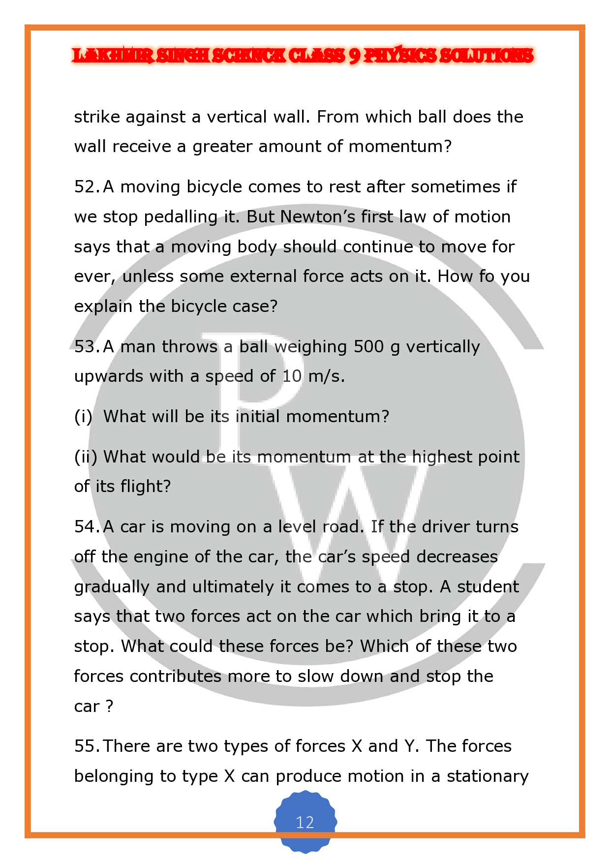 Lakhmir Singh Physics Class 9 Chapter 2-Force and laws of motion Solutions |PW