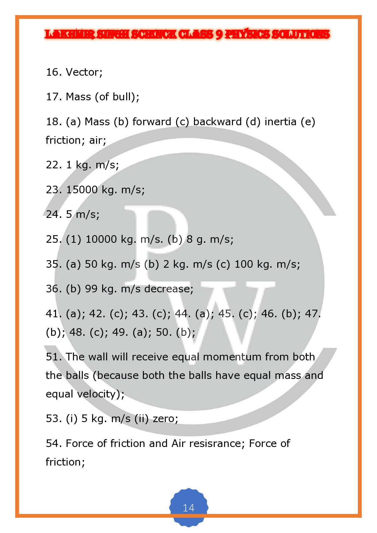 Lakhmir Singh Physics Class 9 Chapter 2-Force and laws of motion Solutions |PW