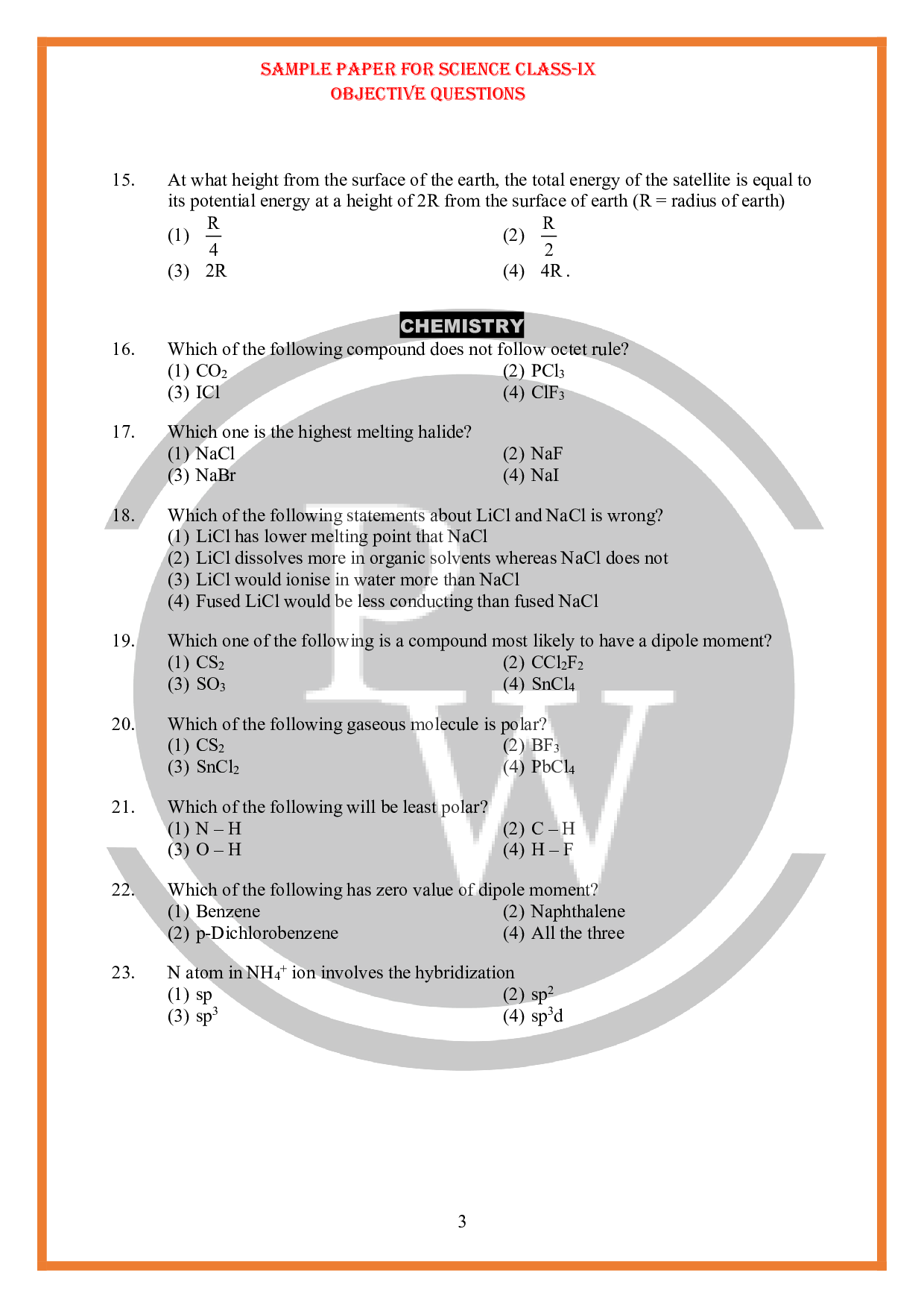 CBSE Sample Paper-15 For Class 9 Science (Objective Type Questions) | PW