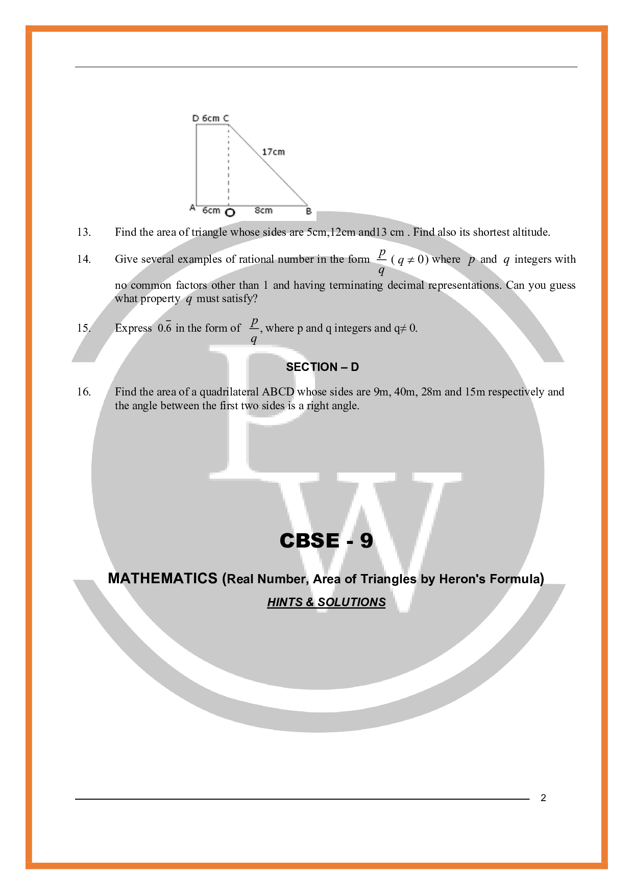 CBSE Sample Papers-1 For Class 9 Maths with Solutions | PW