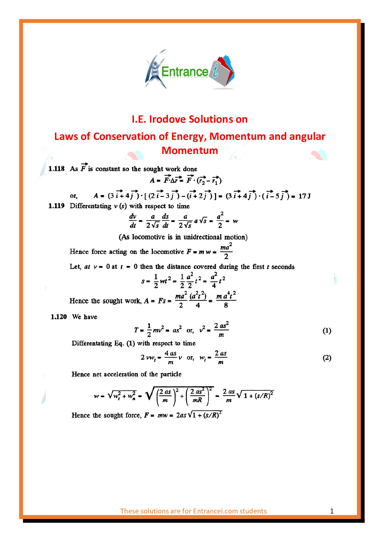 I.E. Irodov Solutions On Laws of Conservation of Energy, Momentum, and Angular Momentum | PW