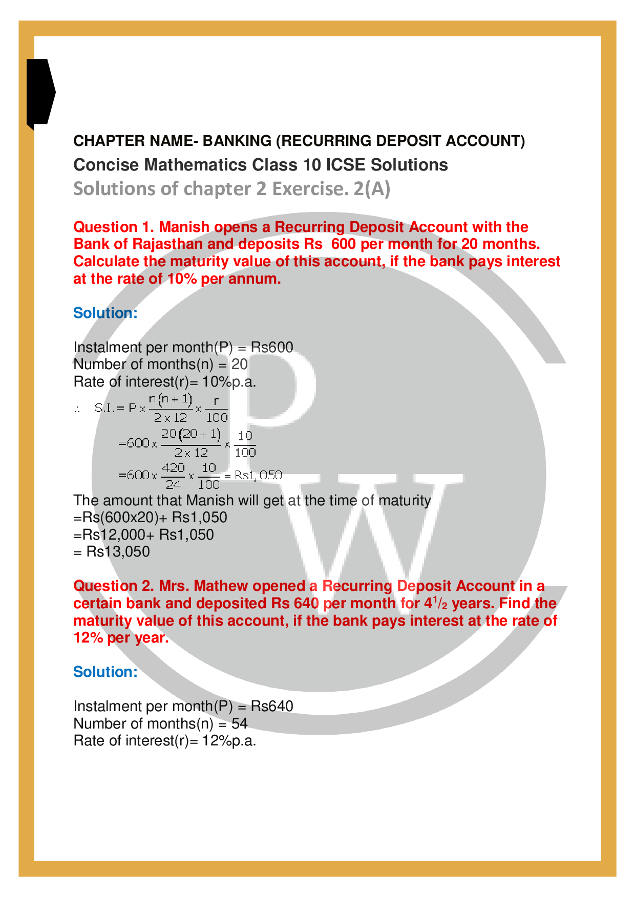 ICSE Class 10 Maths Exercise-2A Banking Recurring Deposit