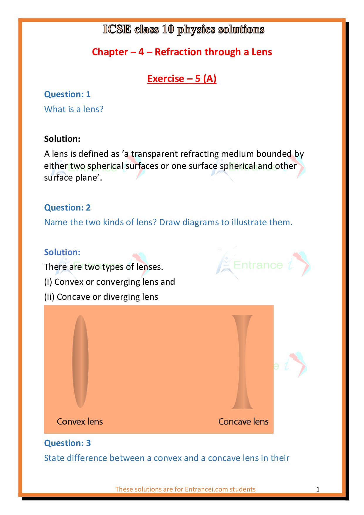 Solutions of Chapter-5 Refraction Through Lens of ICSE Class 10 Physics