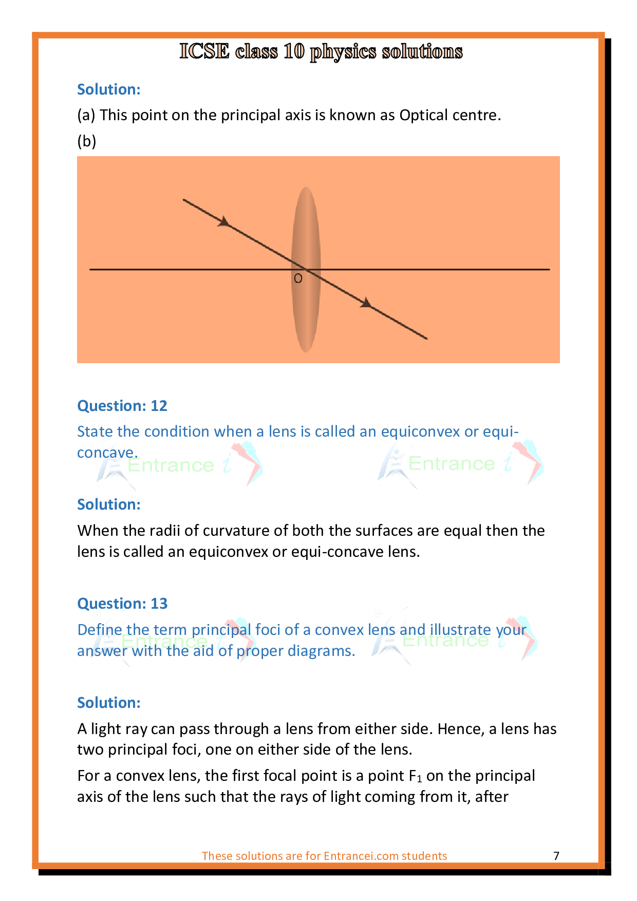 Solutions of Chapter-5 Refraction Through Lens of ICSE Class 10 Physics