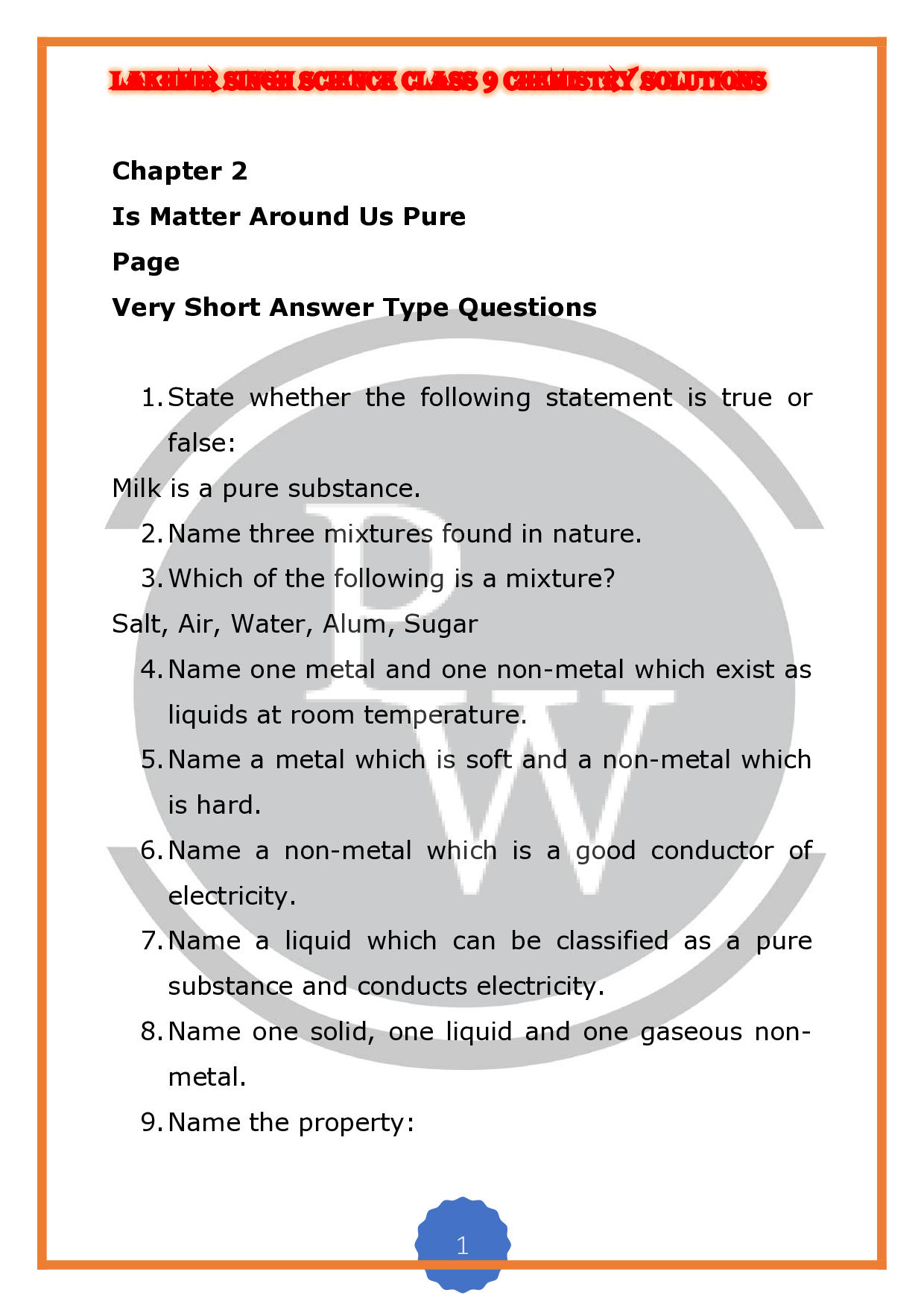 Matter Around Us Pure? Solutions Lakhmir Singh Chemistry Class 9