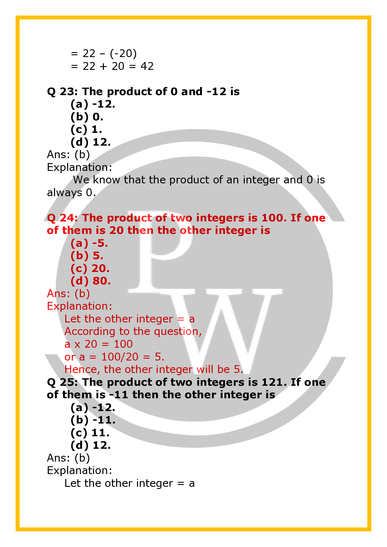 CBSE Worksheet For Class 7 Maths Chapter 1 Integers PW