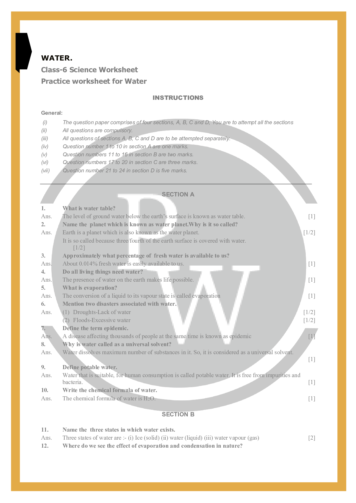 class 6 science worksheets Chapter 14-Water |Physics Wallah