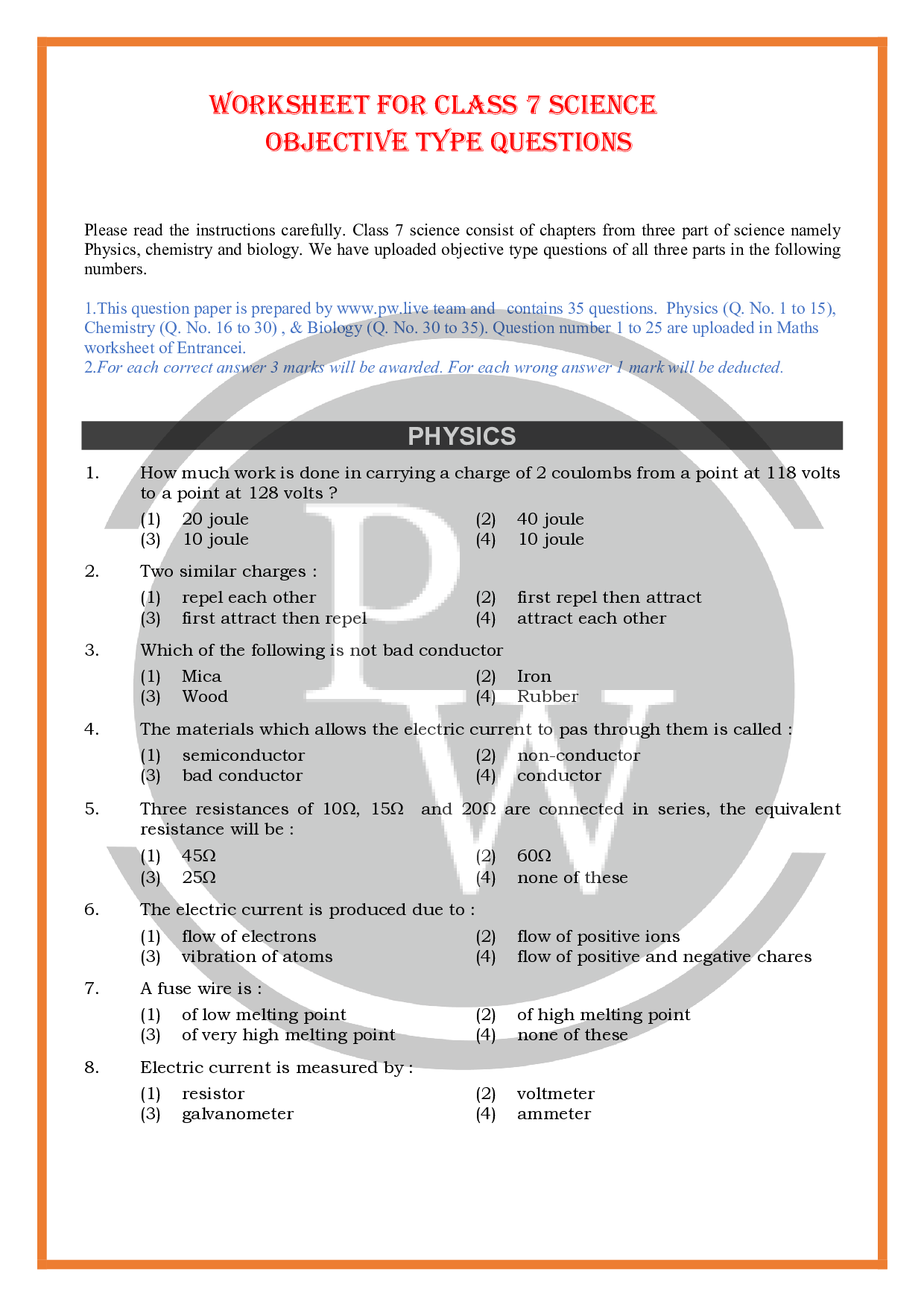Class 7 Science Worksheet-3 With Answer key |Physics Wallah