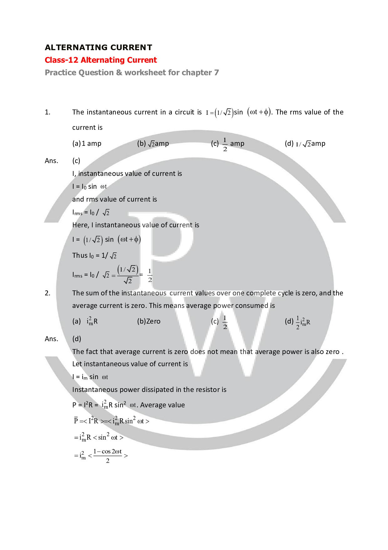 Important questions for Class 12 Physics Chapter-7 | PW