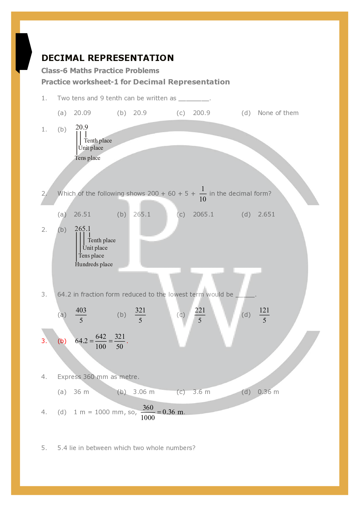 Class 6 Worksheet -1 for Chapter 8 Decimals | PW