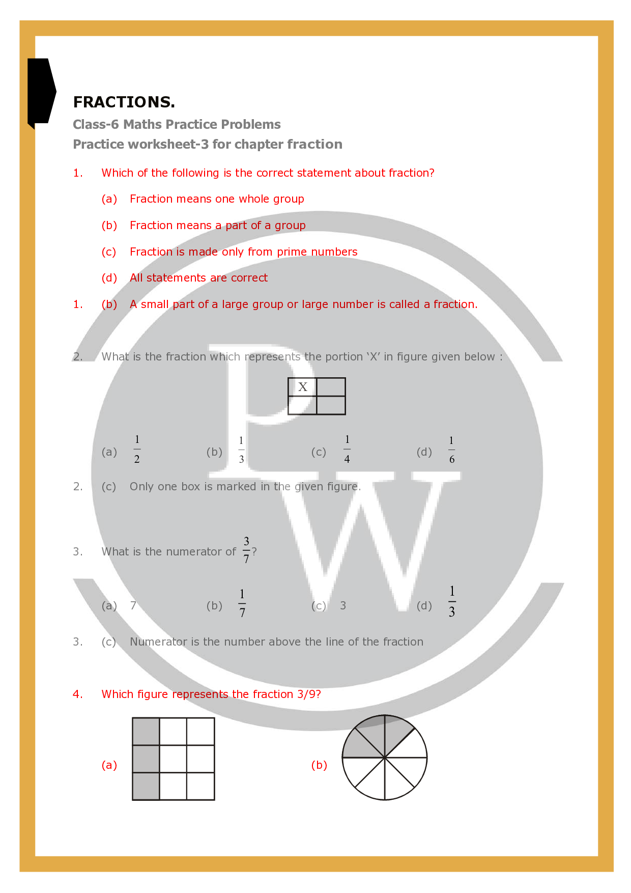 Class 6 Worksheet For Chapter Fractions Physics Wallah