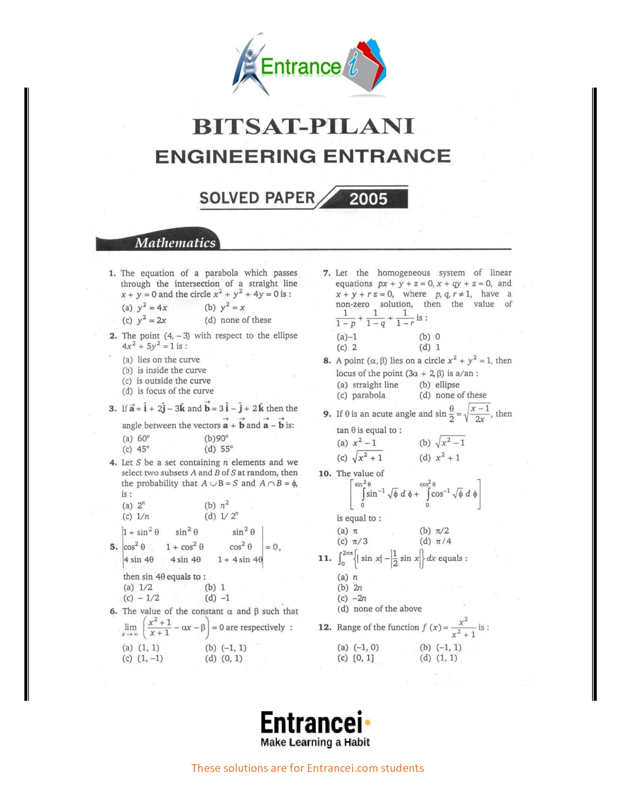 BITSAT 2005 Question Paper With Answer Key | PW
