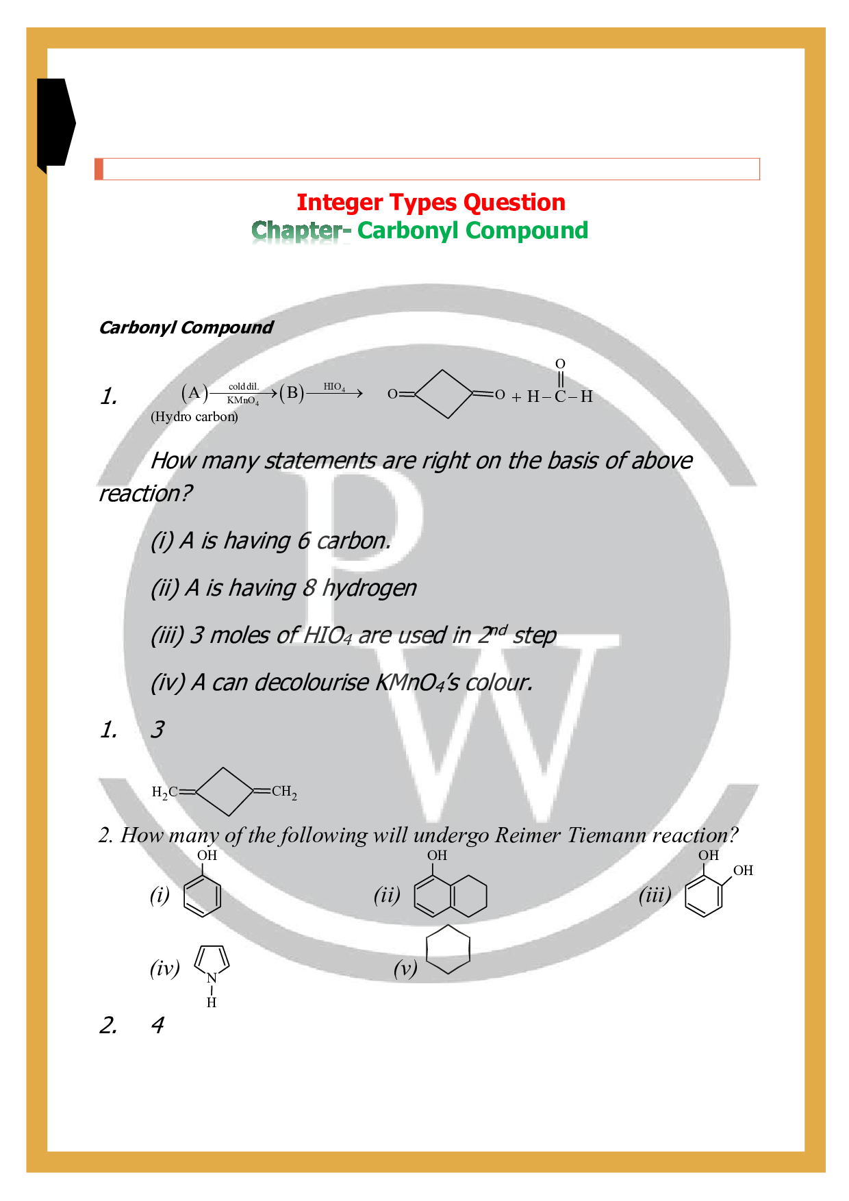 Integer type questions with solutions of Carbonyl Compound |Physics Wallah
