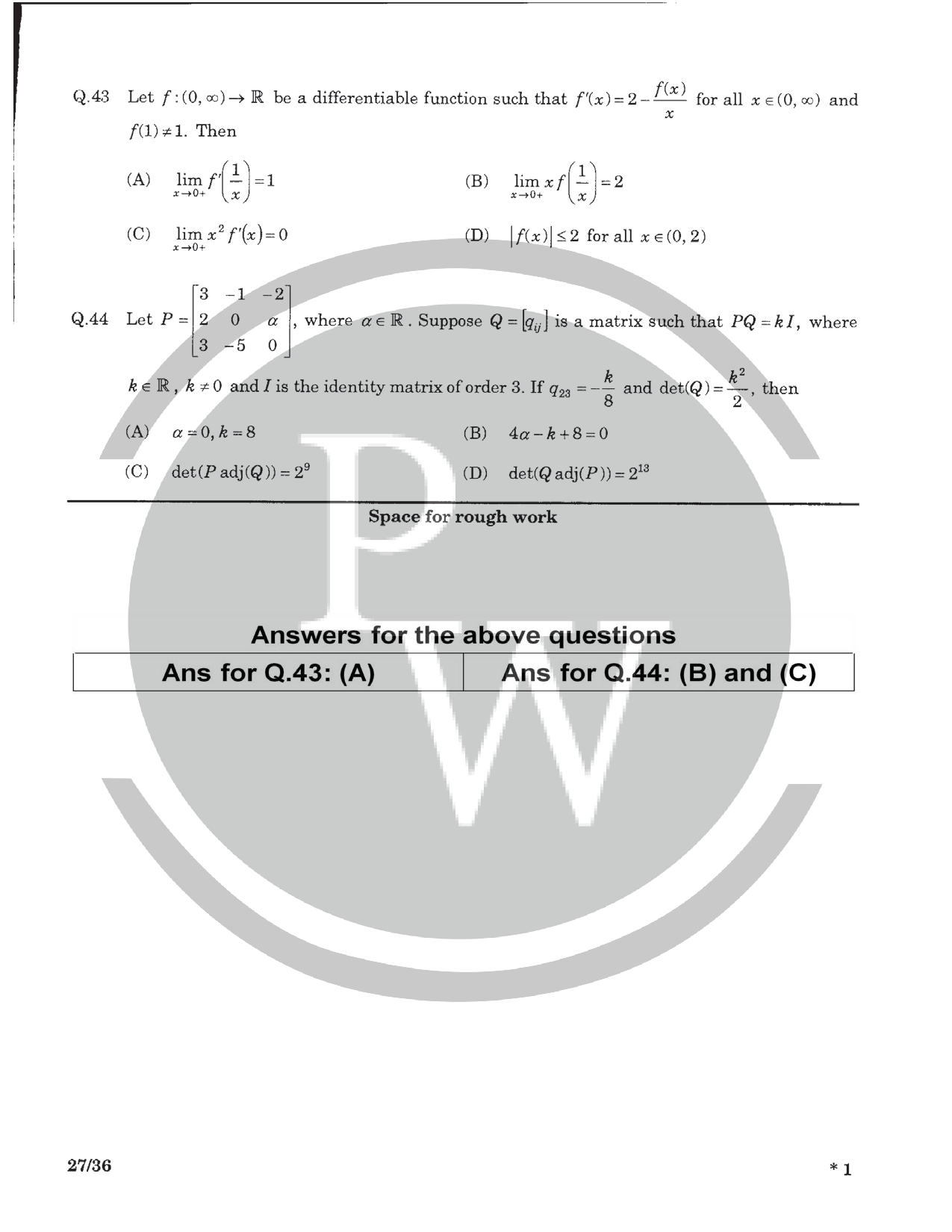 JEE Advance Question paper- 2016 Paper-1 With Answer Key | PW
