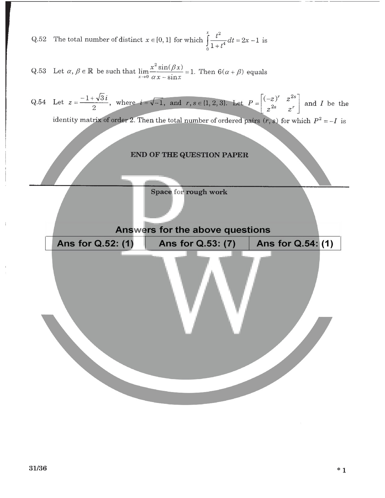 JEE Advance Question paper- 2016 Paper-1 With Answer Key | PW