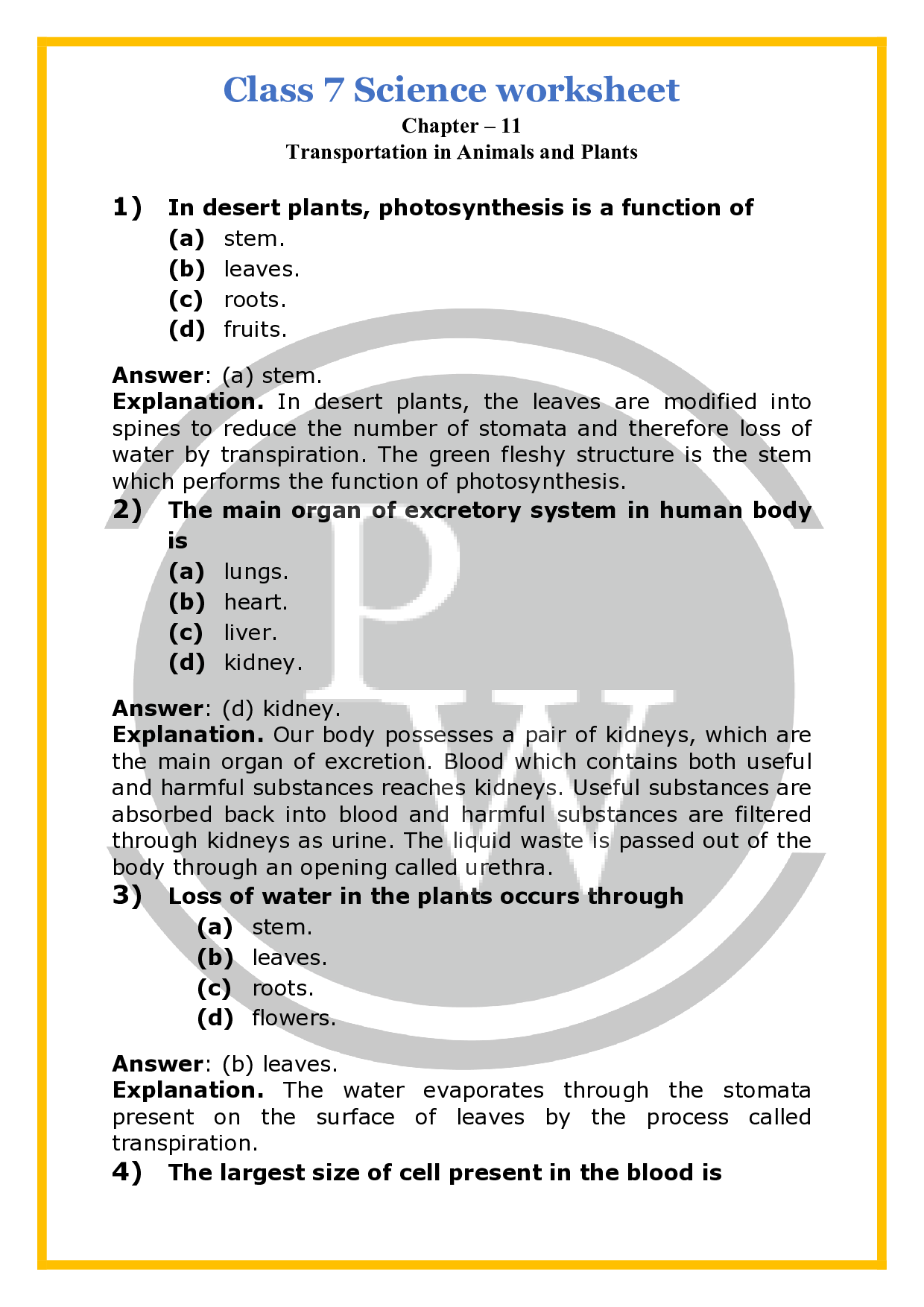 Class 7th Science Transportation in Animals and Plants | PW