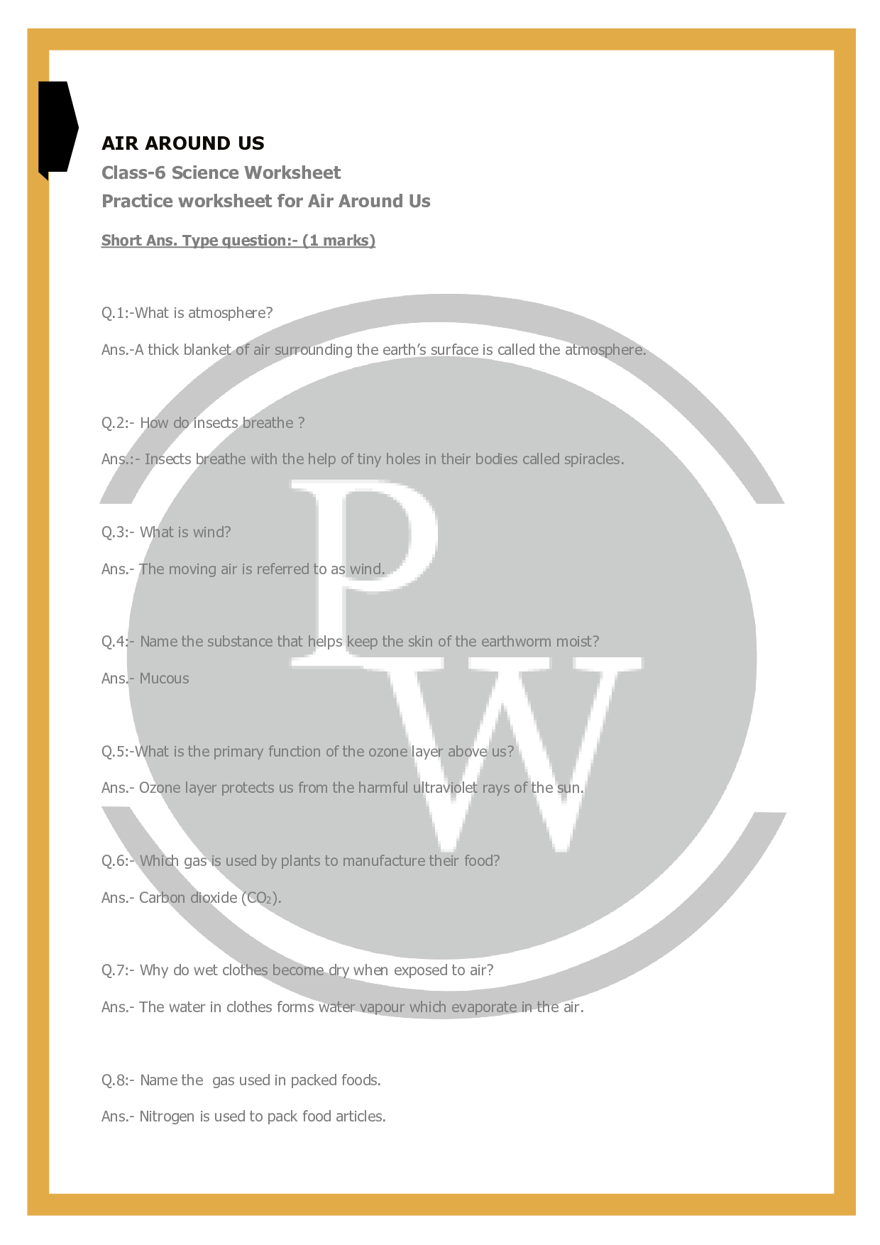 class 6 science worksheets Chapter 15-Air Around Us | Physics Wallah