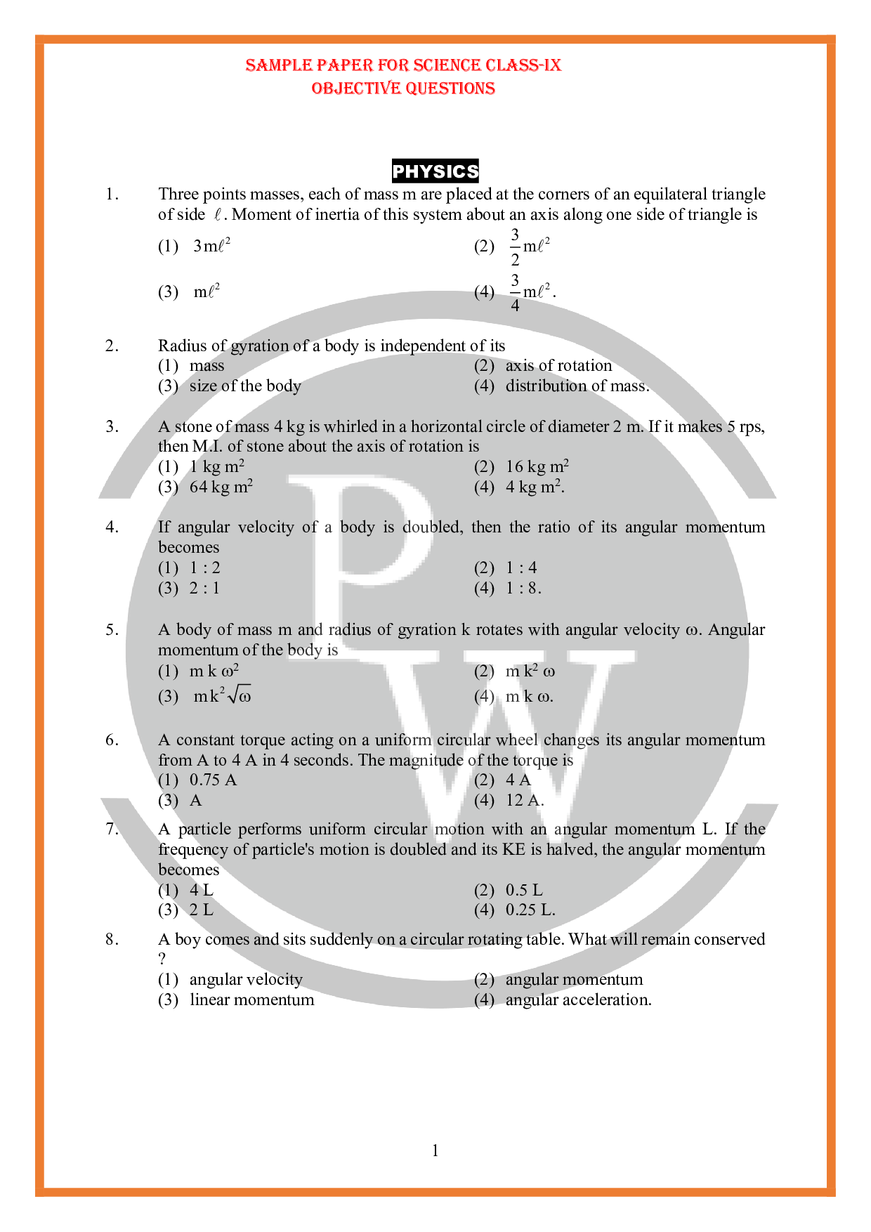 CBSE Sample Paper-19 For Class 9 Science (Objective Type Questions) | PW