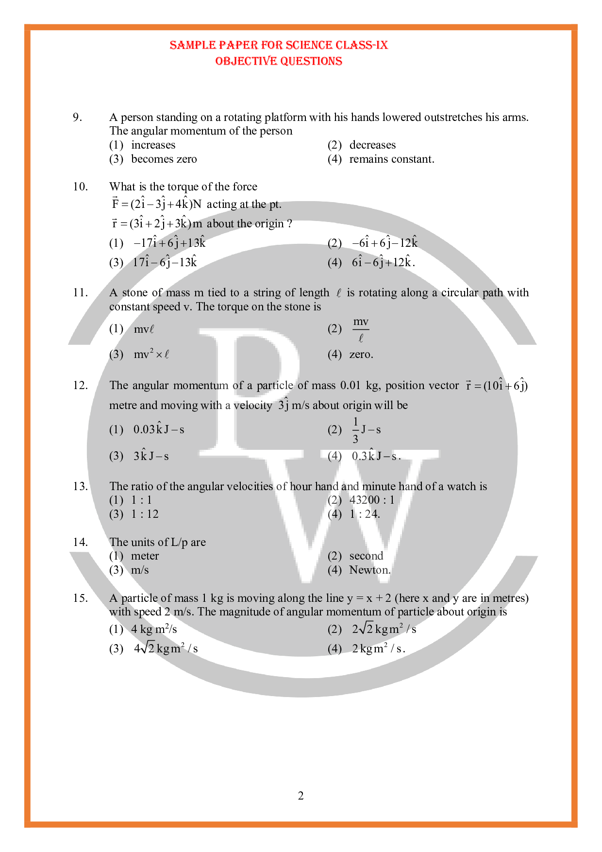 CBSE Sample Paper-19 For Class 9 Science (Objective Type Questions) | PW