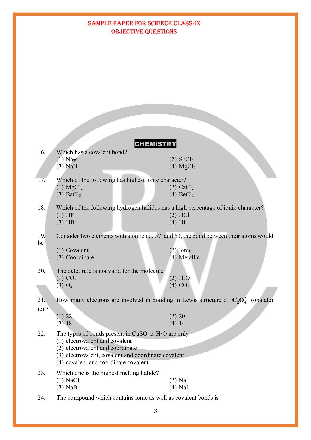 CBSE Sample Paper-19 For Class 9 Science (Objective Type Questions) | PW