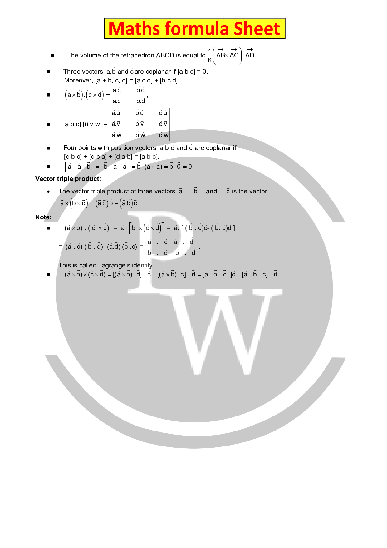 Class 12 Maths Formula for Chapter 10 Vector | Physics Wallah