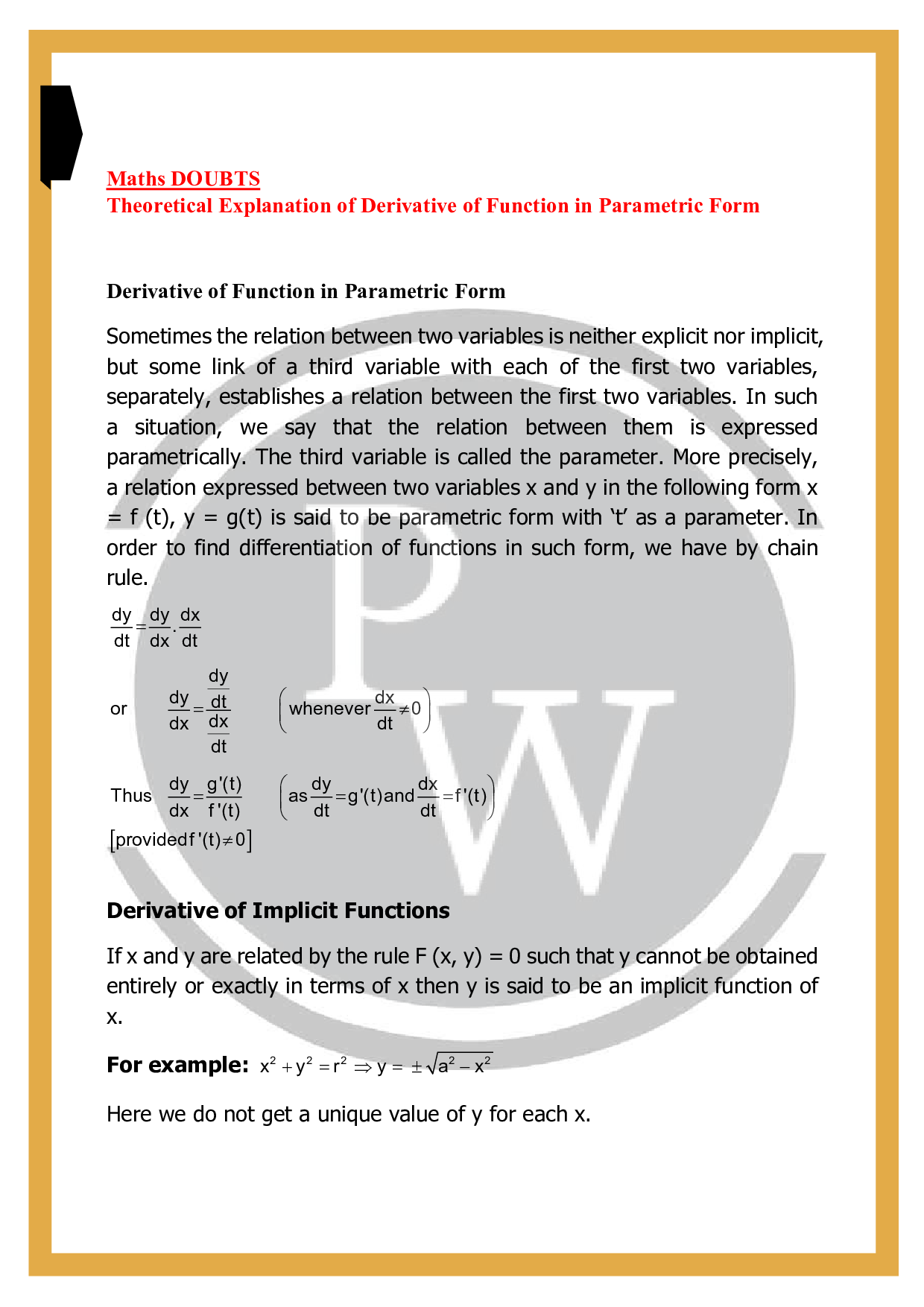 Derivative of Function in Parametric Form|Maths