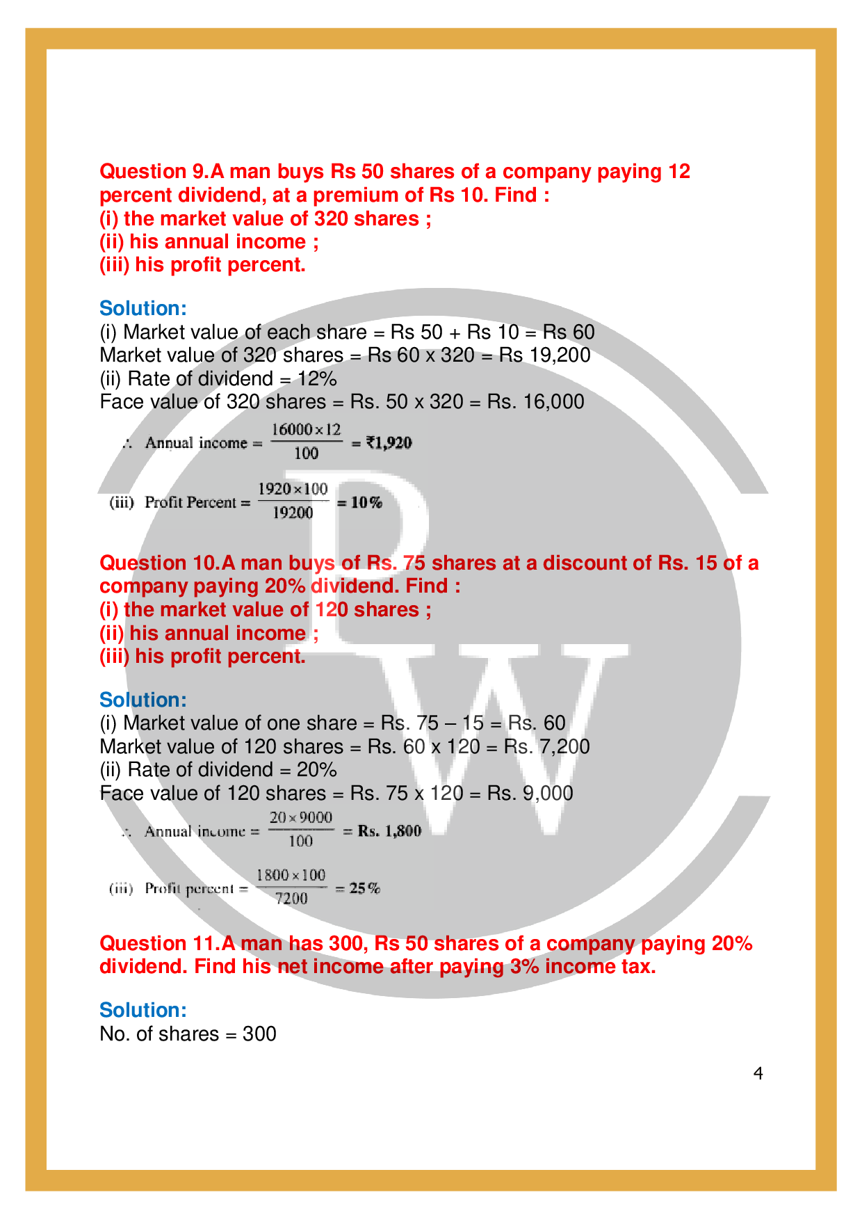 ICSE Class 10 Maths Exercise-3A Shares and Dividend