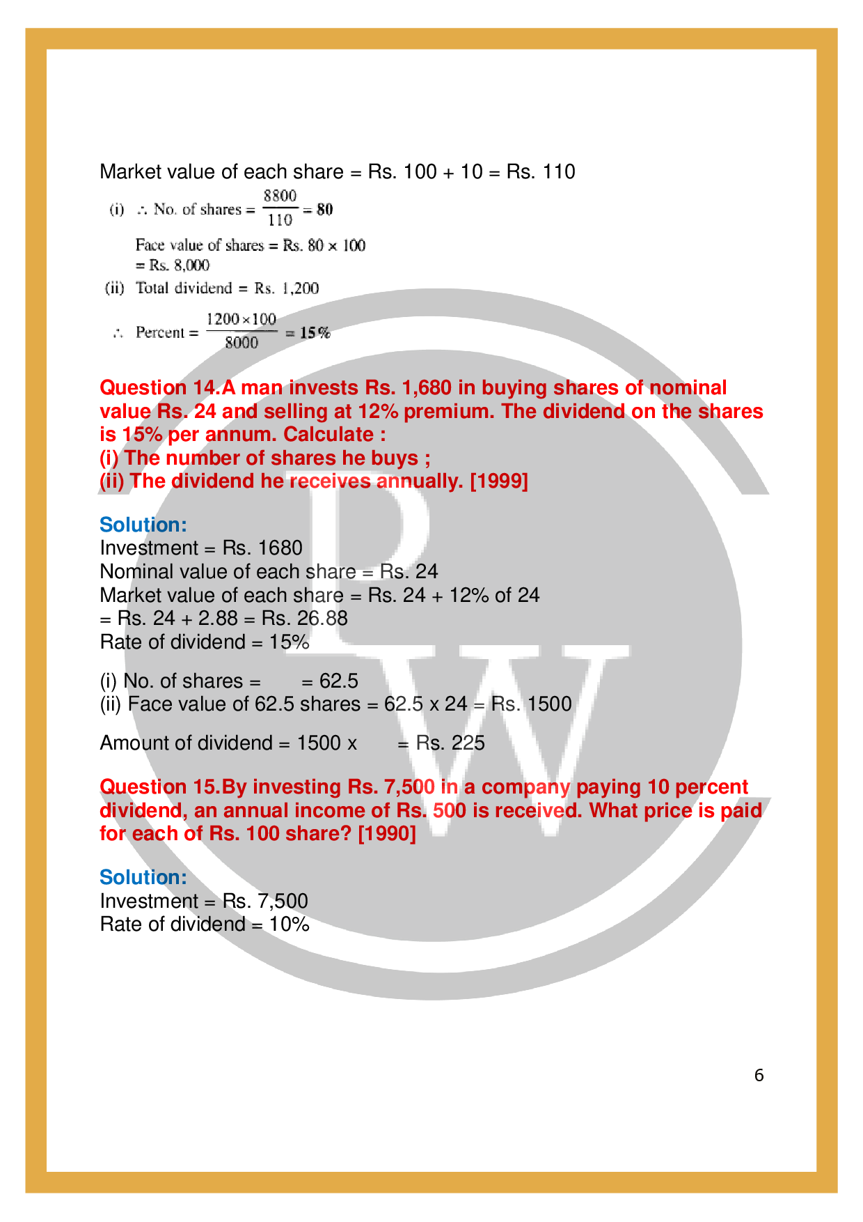 ICSE Class 10 Maths Exercise-3A Shares and Dividend