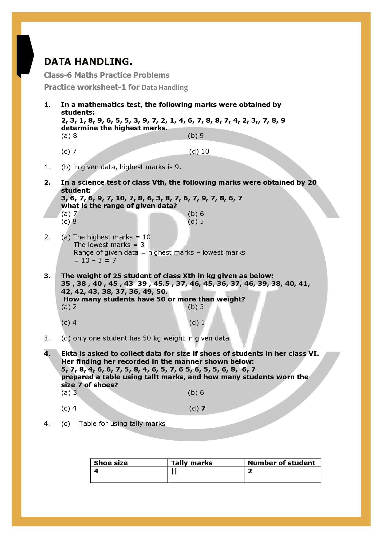 Worksheet 1 For Class 6 Chapter 9 Data Handling PW Worksheet 1 For Class 6 Chapter 9 Data Handling PW