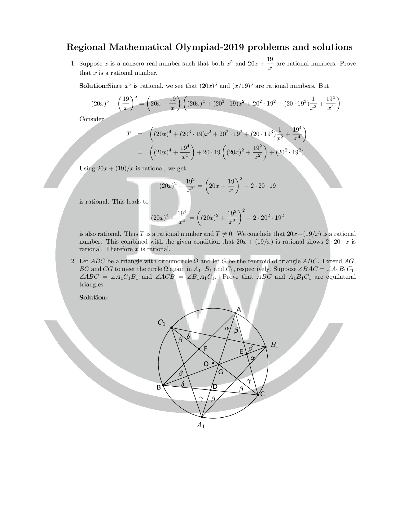 Regional Mathematical Olympiad 2019 Question with Solutions| Physics Wallah