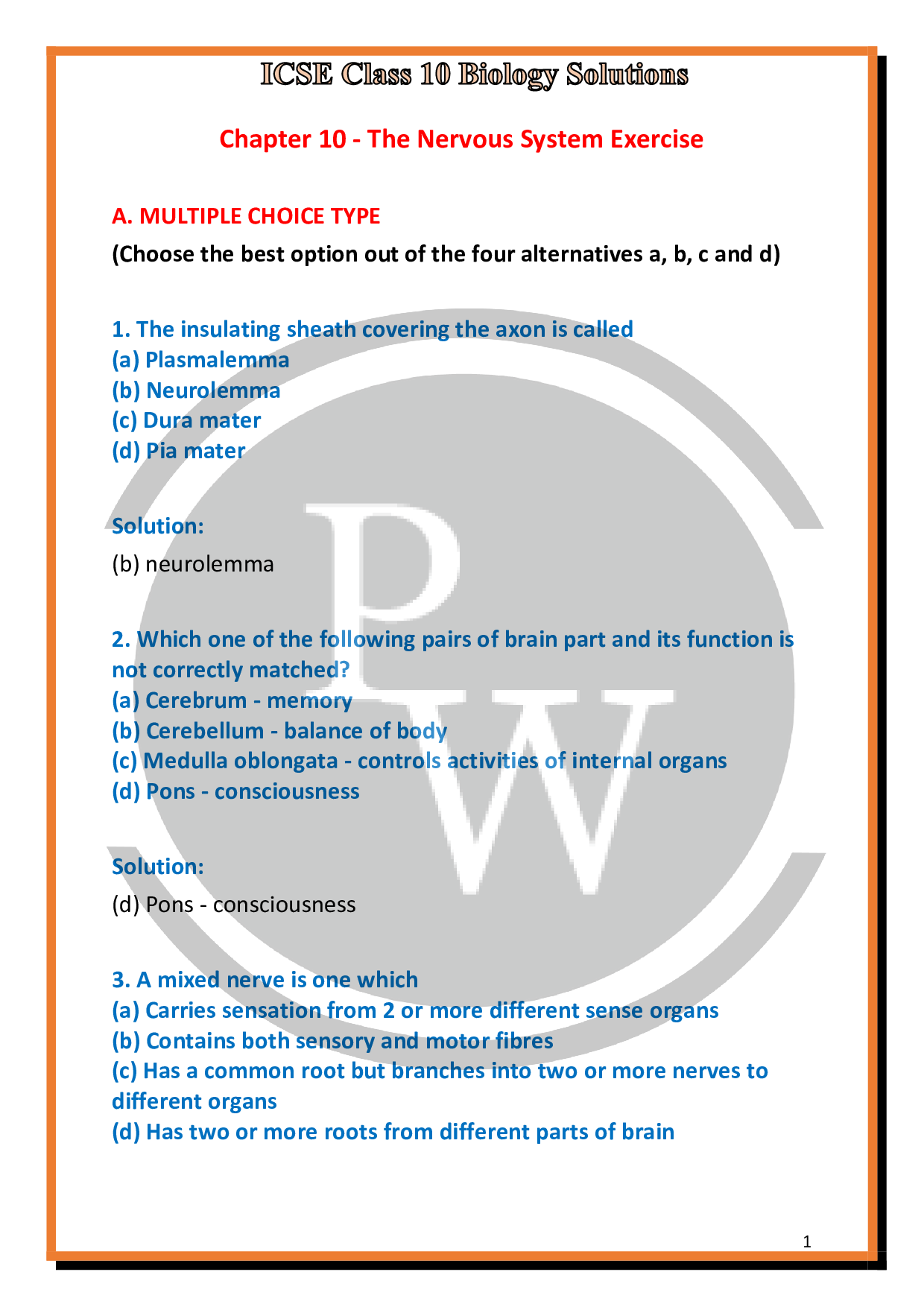 ICSE Class 10 Biology solutions for chapter-10 - The Nervous System ...