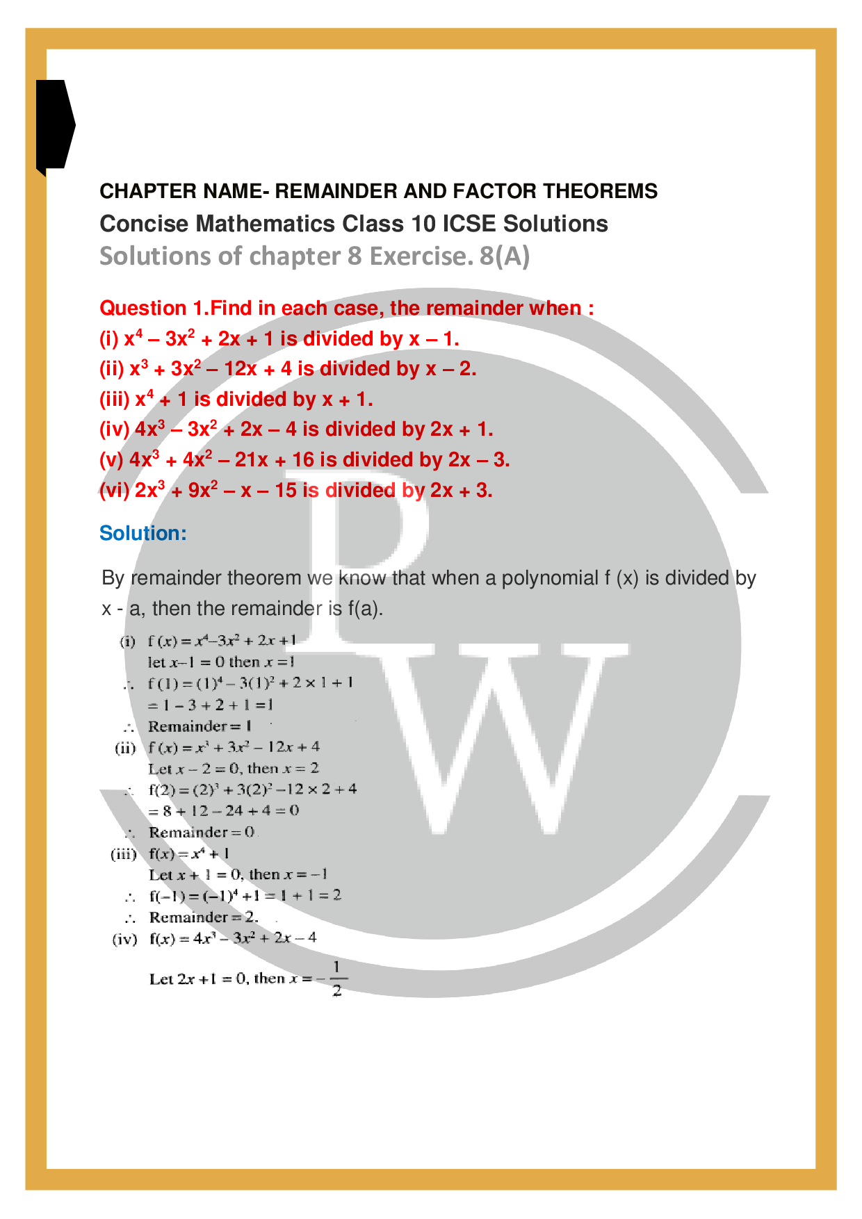 ICSE Class 10 Maths Exercise-8A Remainder and Factor Theorems