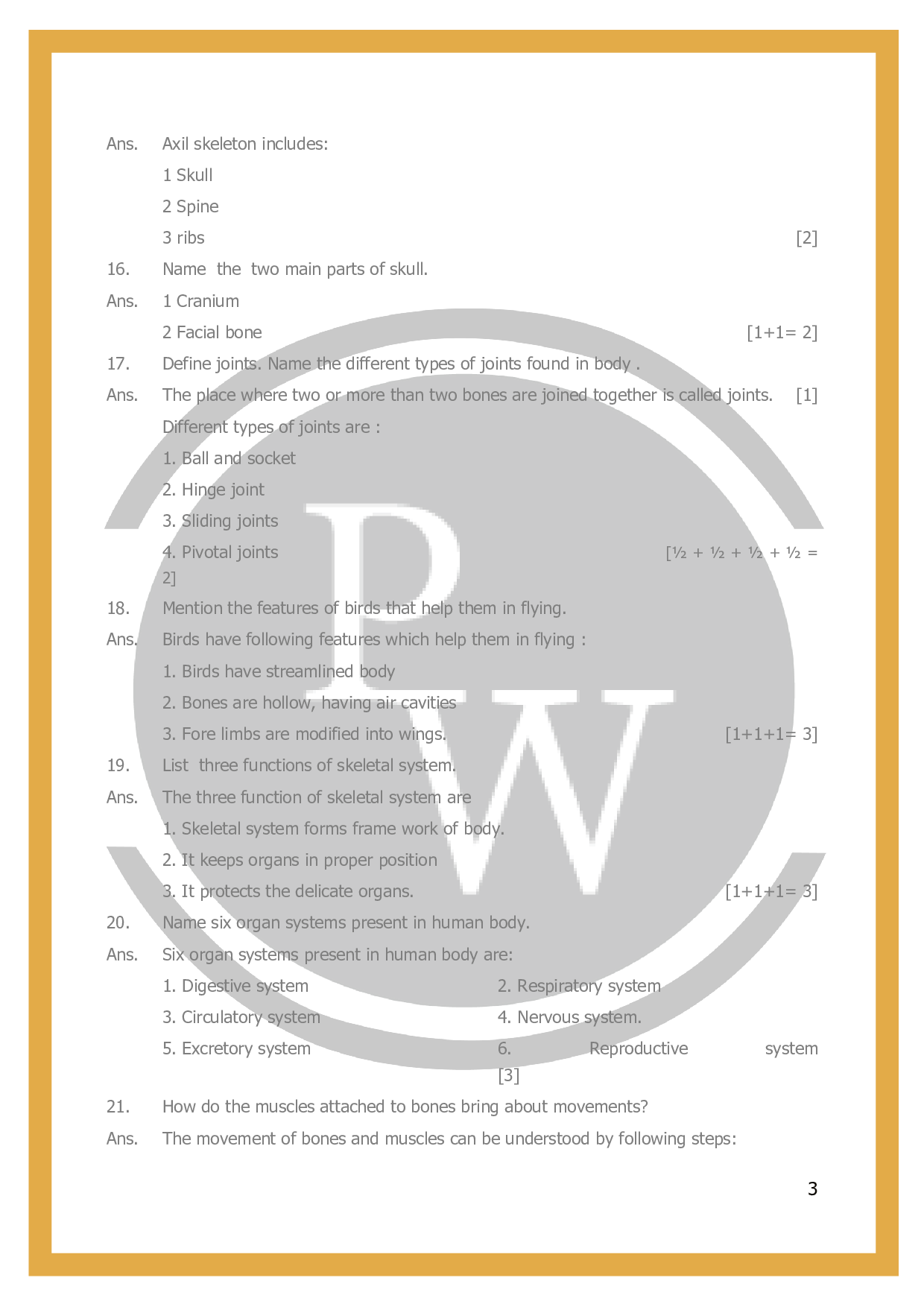 class 6 science worksheets Chapter 8-Body Movements |Physics Wallah