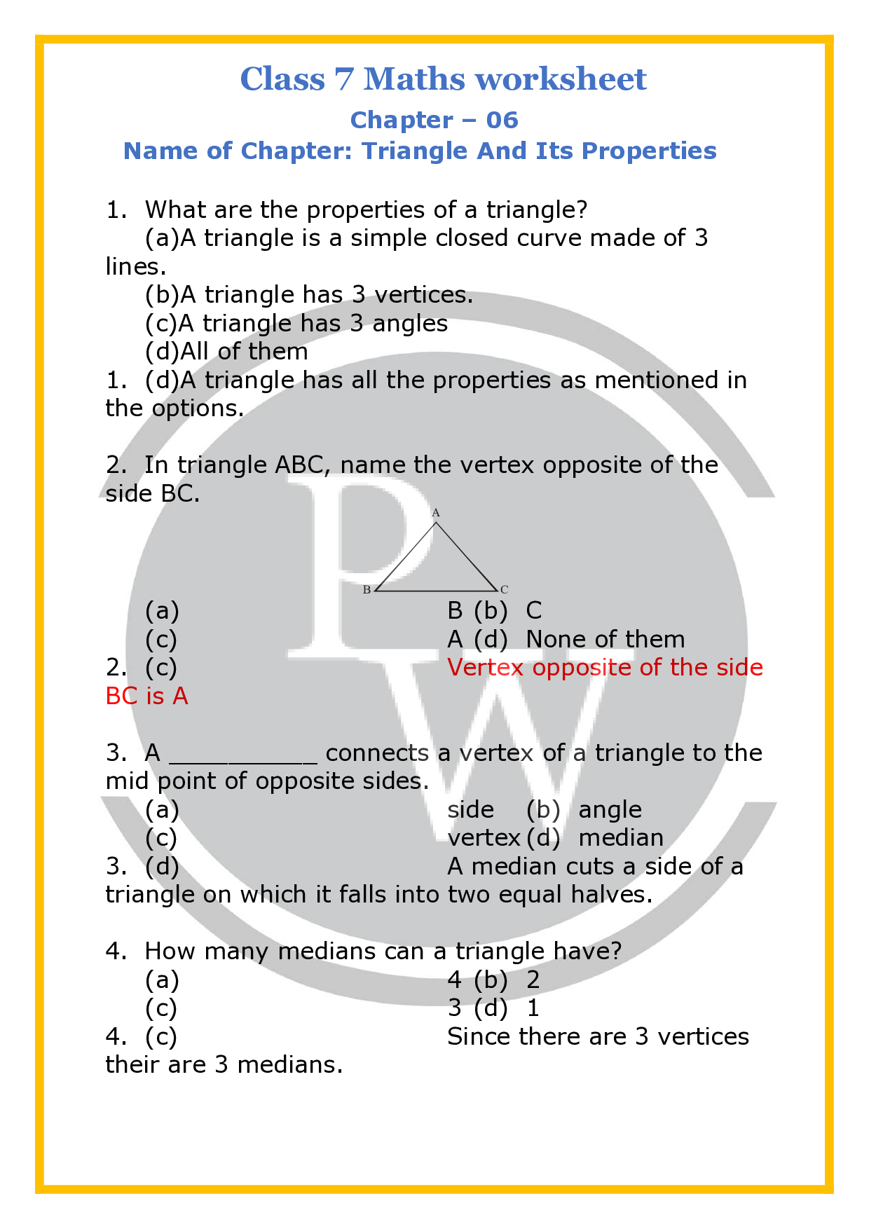 Worksheet for Class 7 Chapter Triangle and its properties | PW