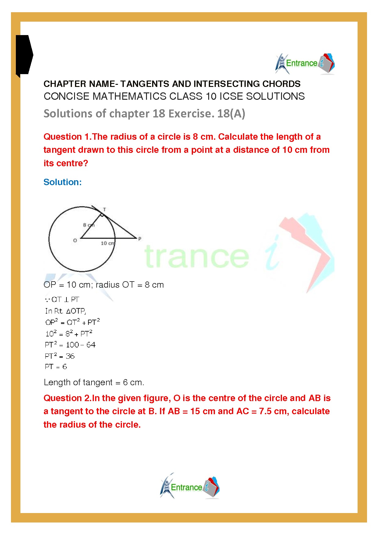 ICSE Class 10 Maths Exercise-18A Tangents and Intersecting Chords