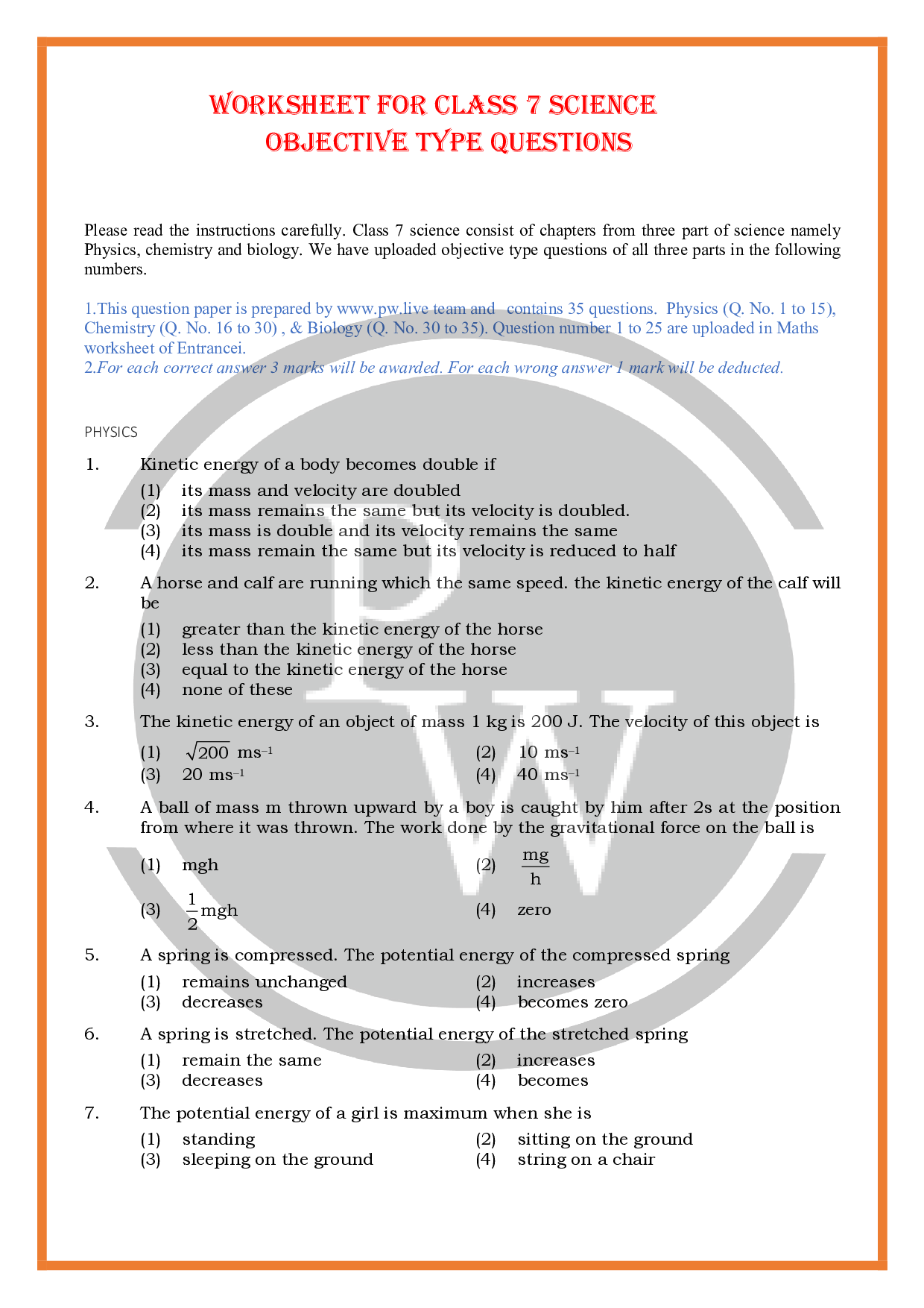 Class 7 Science Worksheet-9 With Answer key |Physics Wallah