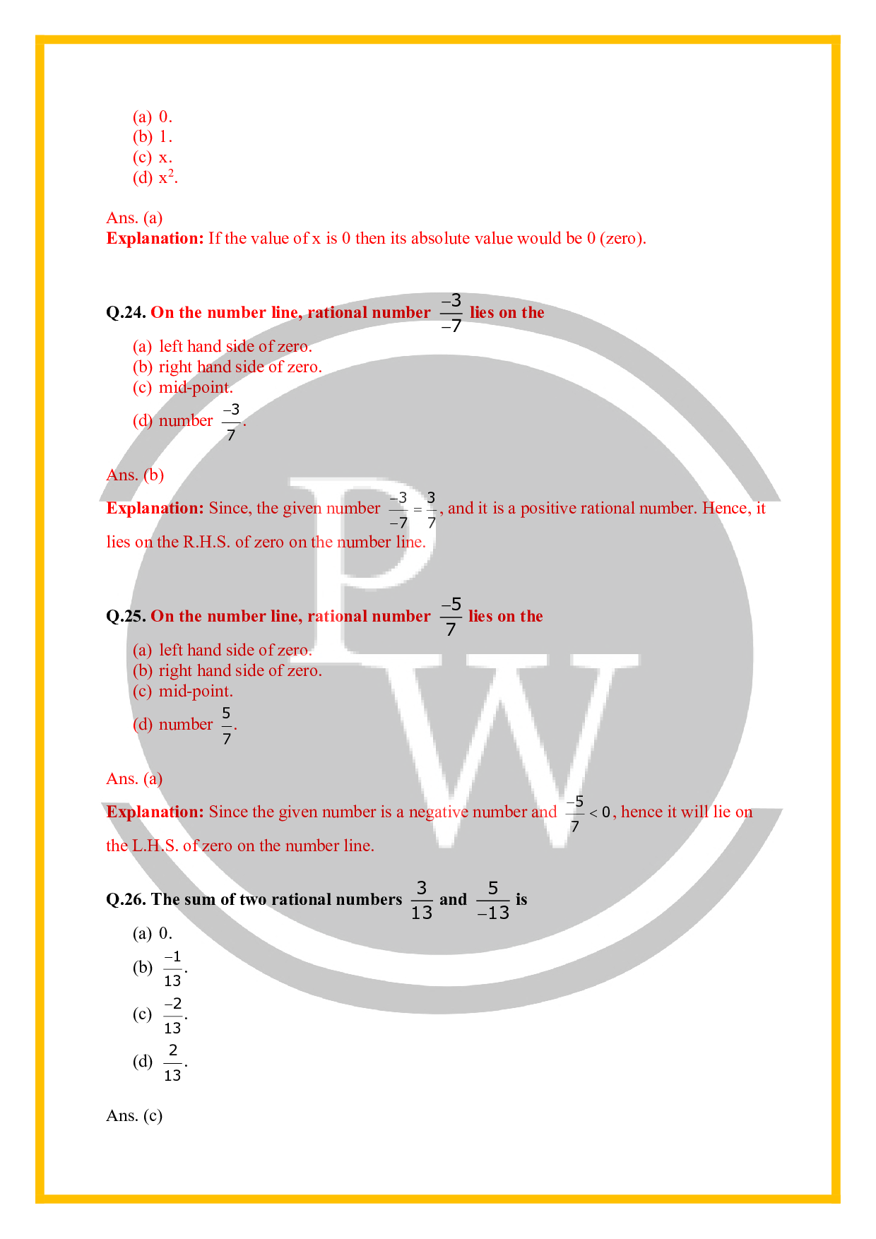 CBSE Class 7 Maths worksheet for chapter-9 Rational Numbers | PW