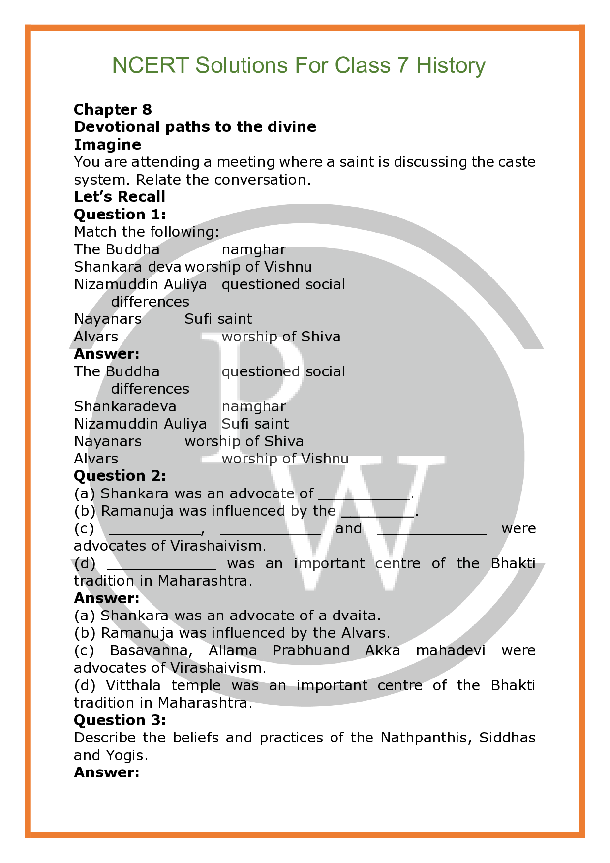 NCERT Solutions for class 7 History Chapter 8 | PW