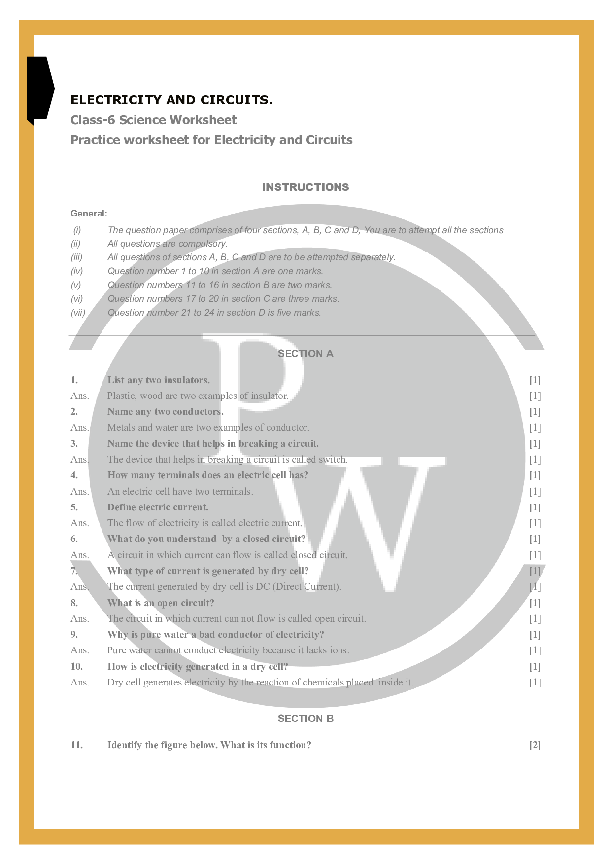 class 6 science worksheets Chapter 12-Electricity and Circuits | PW
