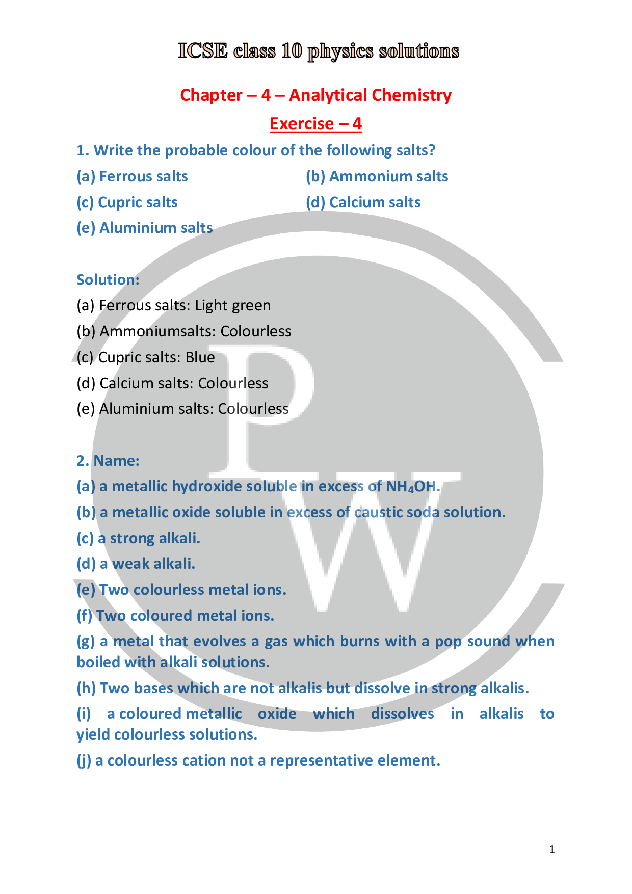 Icse Class 10 Chemistry Solutions