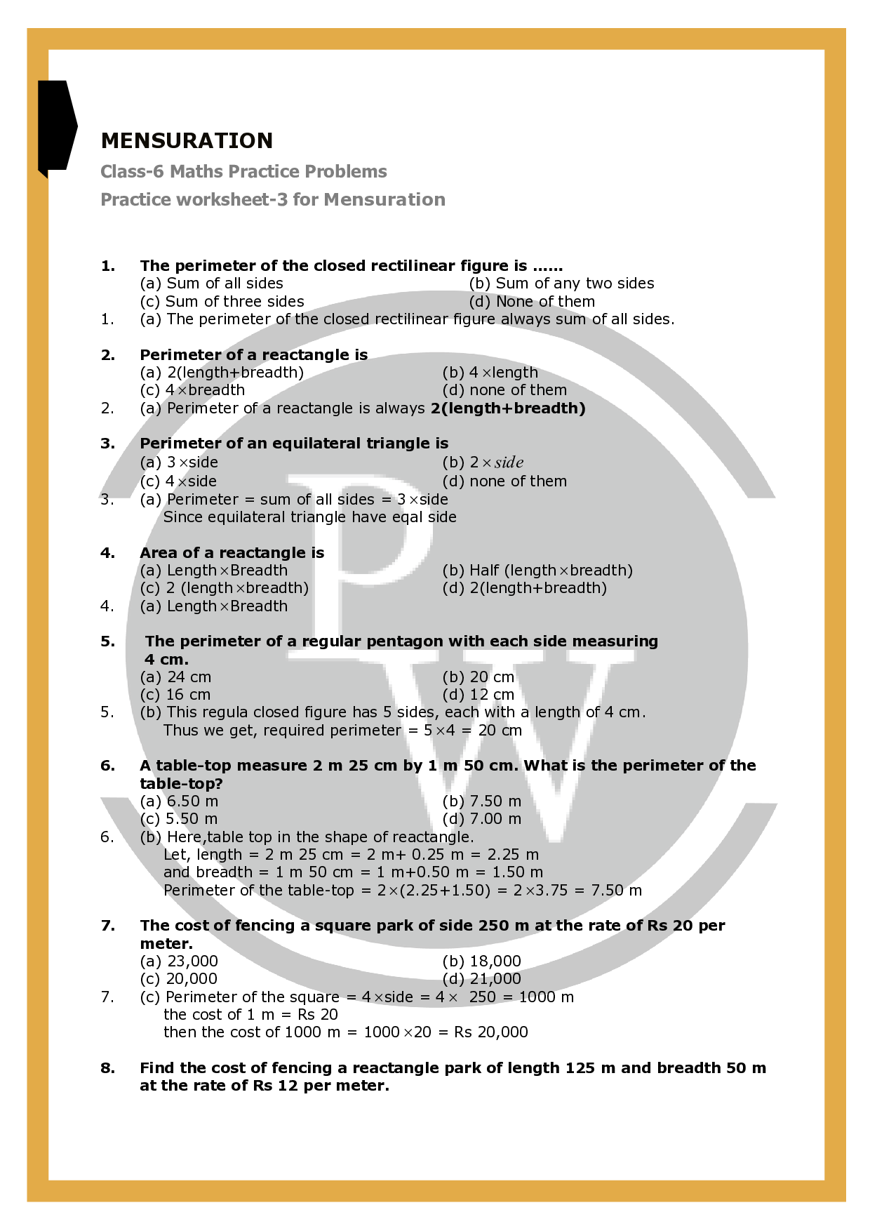 Class 6 maths chapter-10 Mensuration|Worksheet-3|Physics Wallah