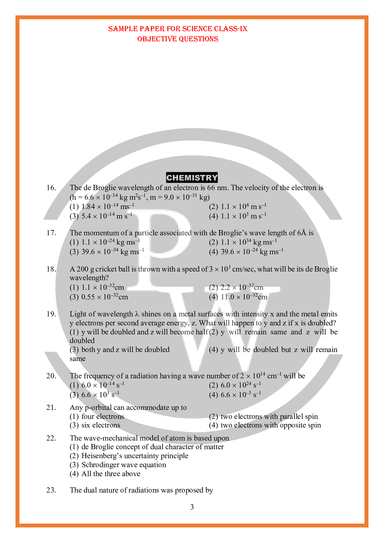 CBSE Sample Paper-16 For Class 9 Science (Objective Type Questions) | PW