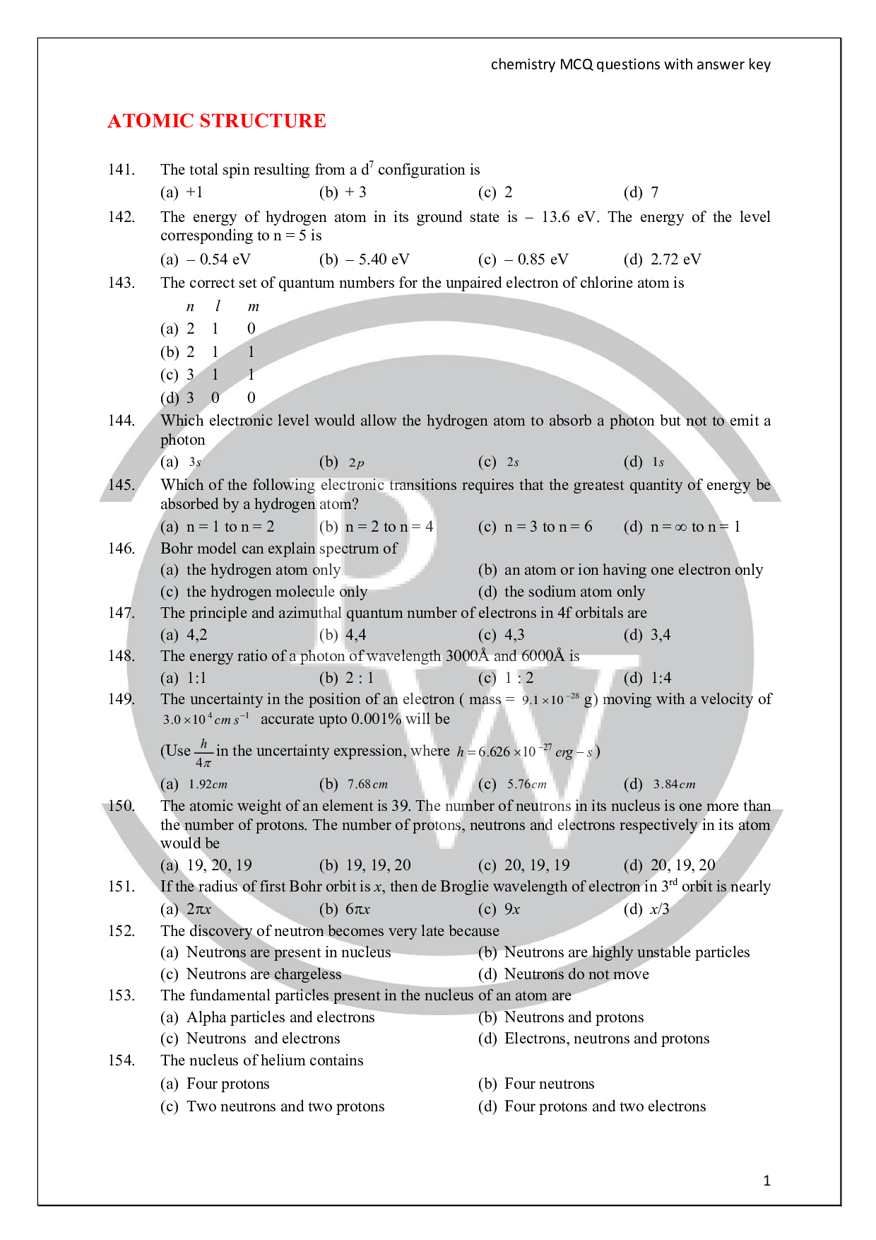 Atomic Structure Questions | atomic structure Numerical