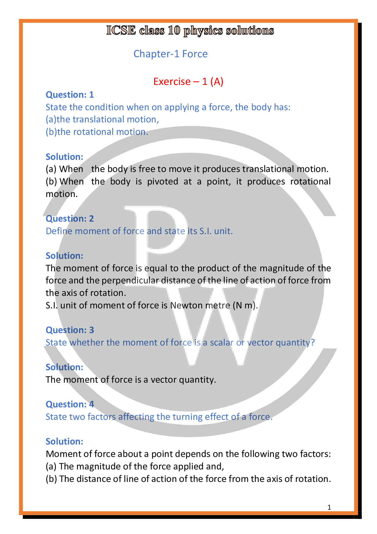 Solutions of Chapter-1 Force for ICSE class 10 Physics | PW