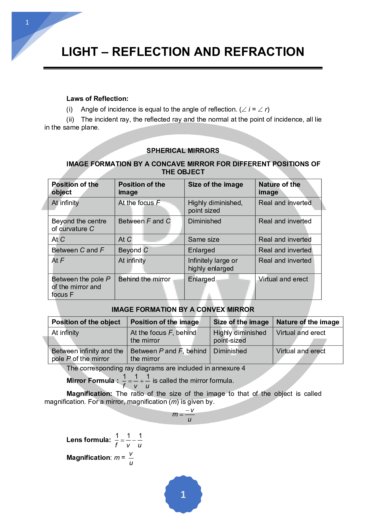 Light Reflection And Refraction Formula Class 10 PW