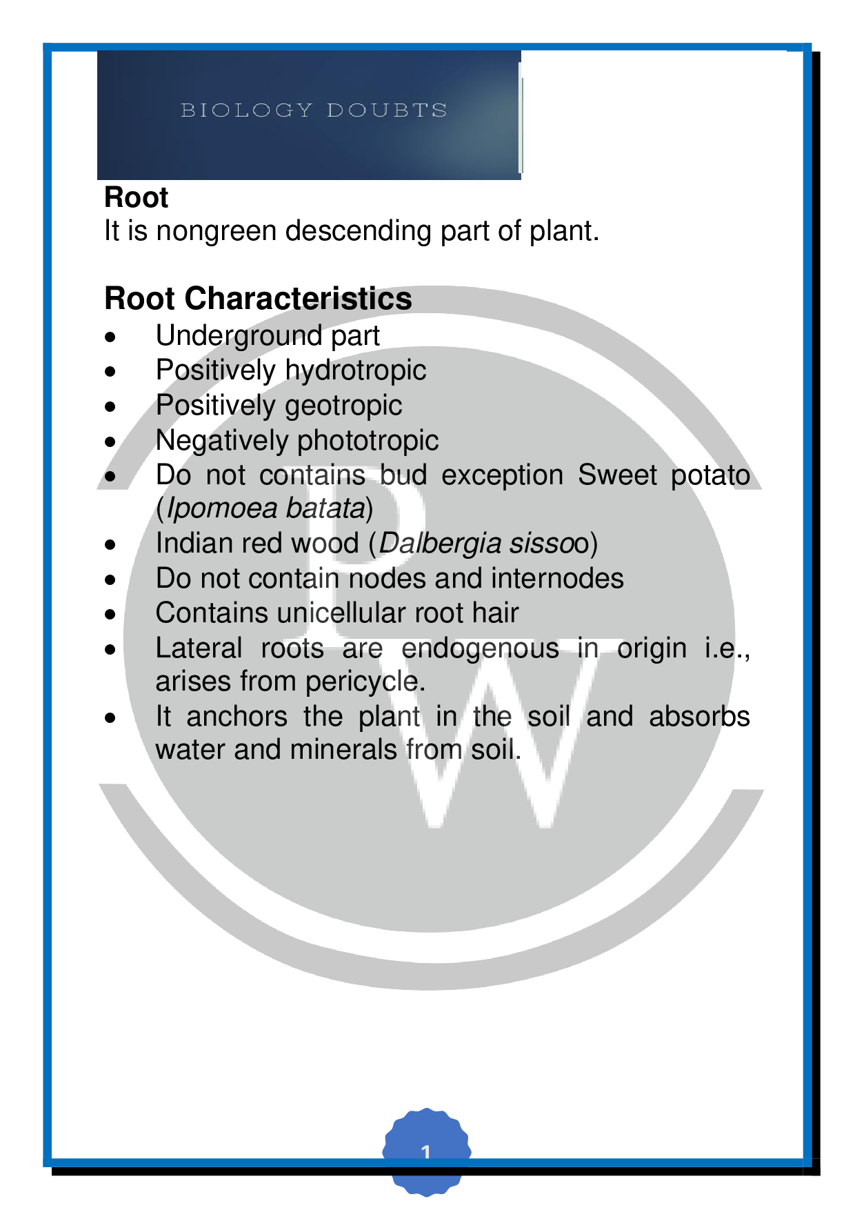 What are characteristics of roots? |Physics Wallah