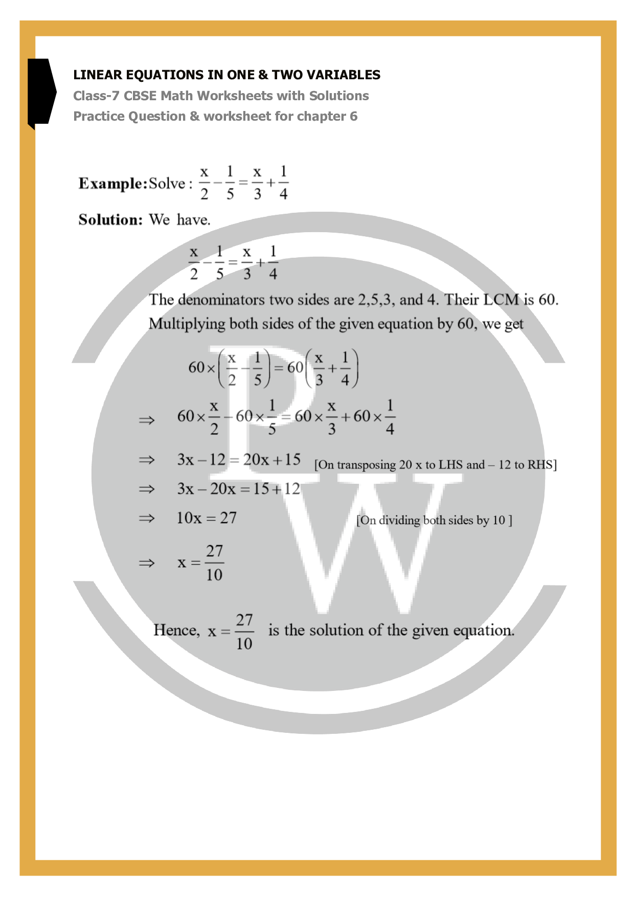 Linear Equations In One Variable Class 7 Worksheet PDF PW