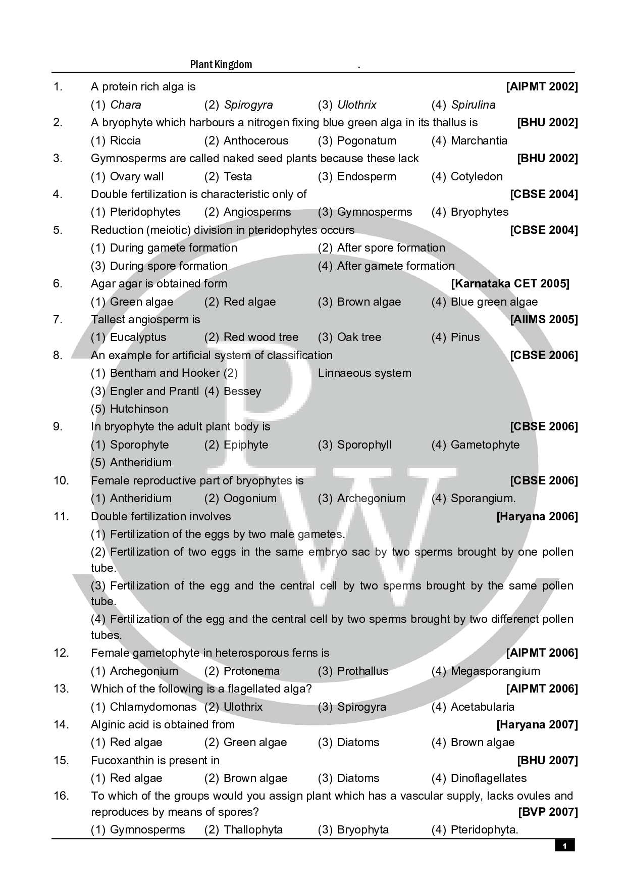 Neet Biology Classification Of Plant Kingdom Mcqs Set A NEET Biology ...