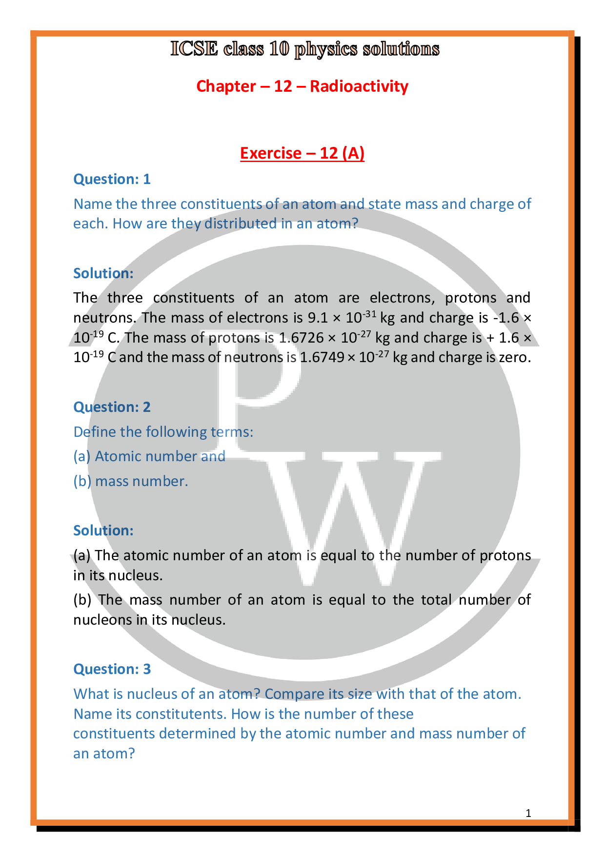 Solutions of Chapter-12 Radioactivity of ICSE Class 10 Physics | PW