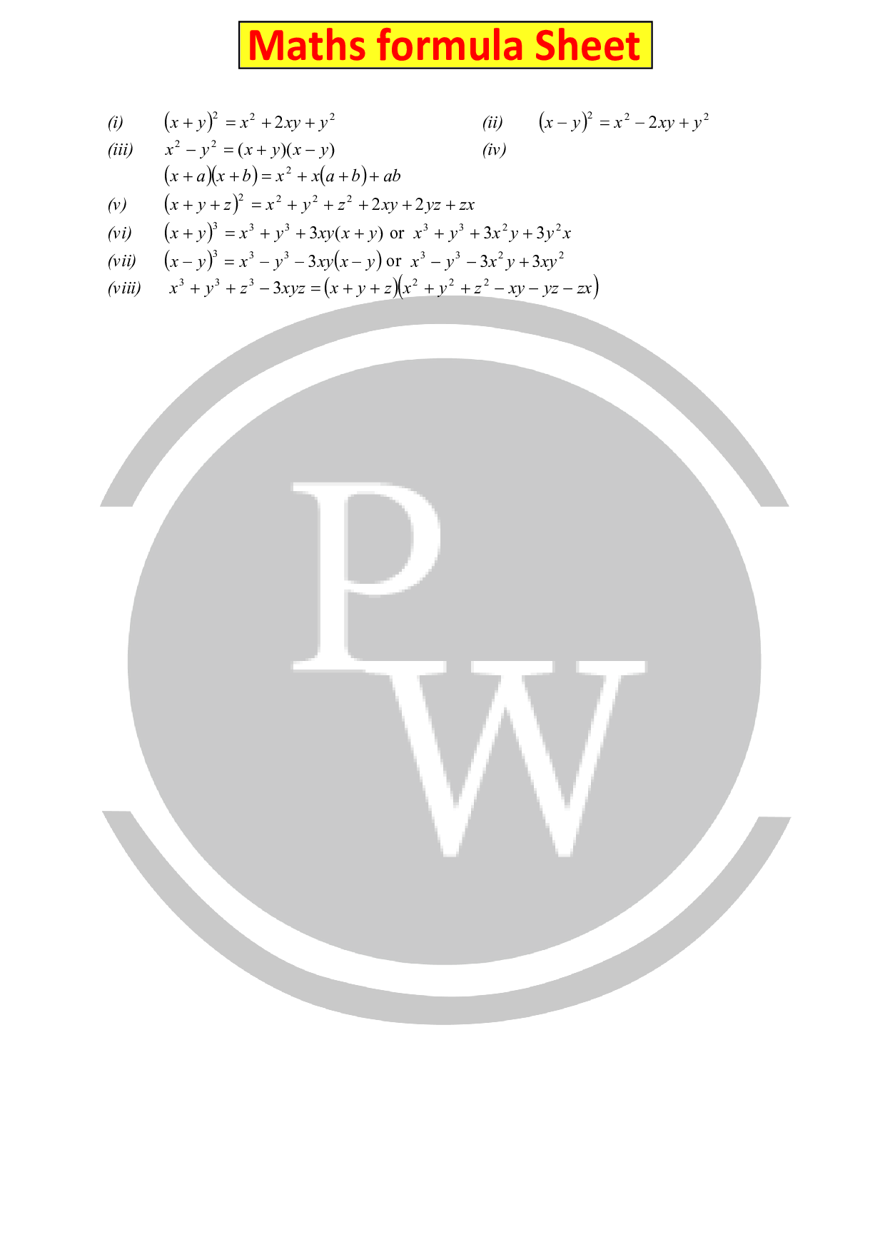 chapter- Polynomials Formula Maths formulas for class 9